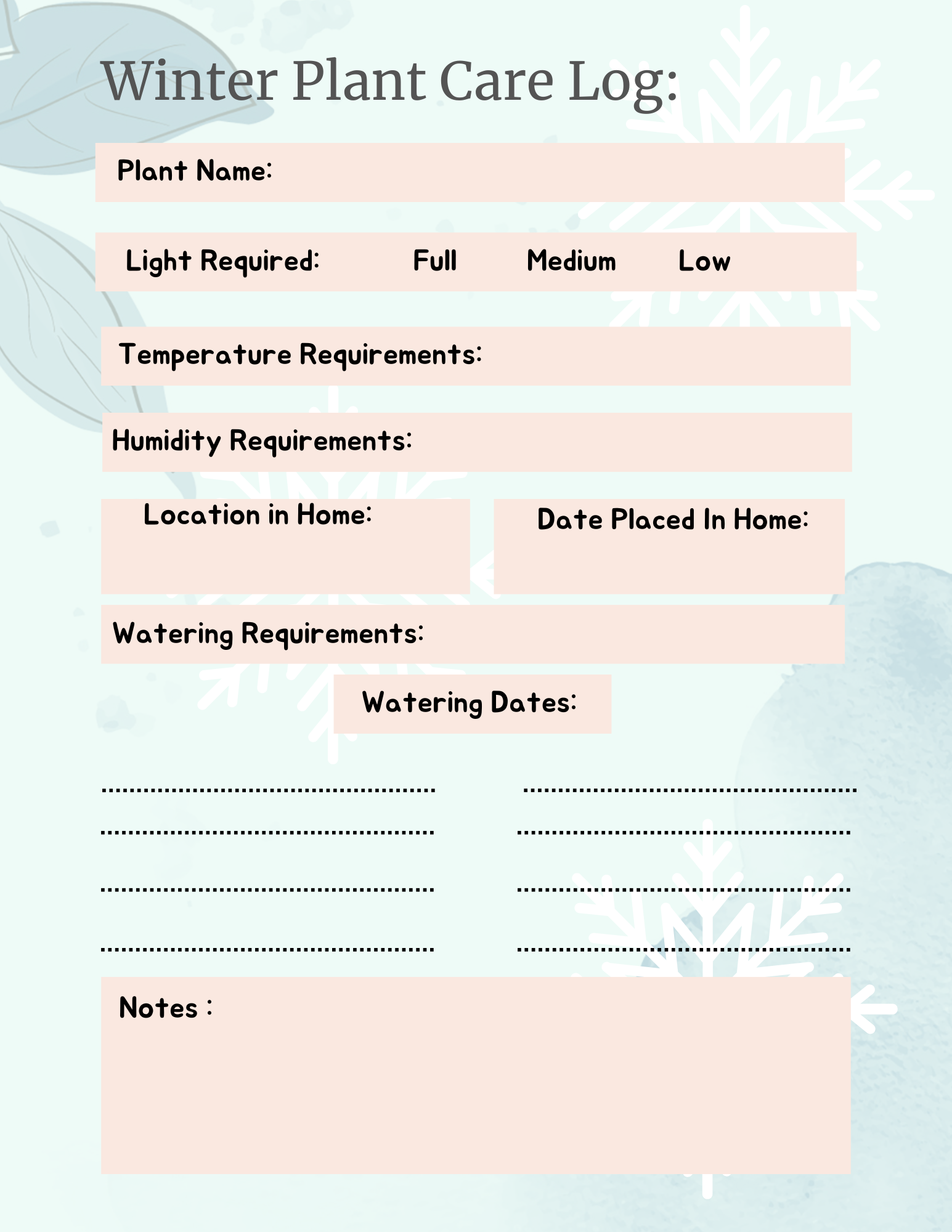 Winter Plant Care Log - Wildwood Wonder